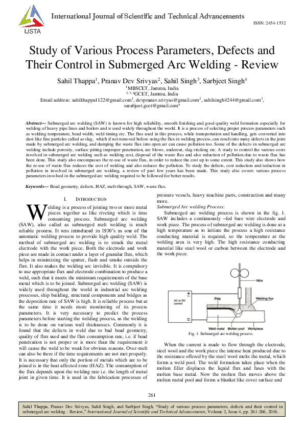 (PDF) Study of Various Process Parameters, Defects and Their Control in Submerged Arc Welding ...