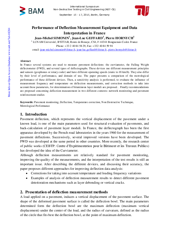 Pdf Performance Of Deflection Measurement Equipment And Data Interpretation In France