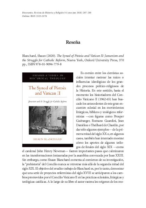 (PDF) Resena Blanchard Shaun 2020 the Synod of Pistoia and Vatican II ...
