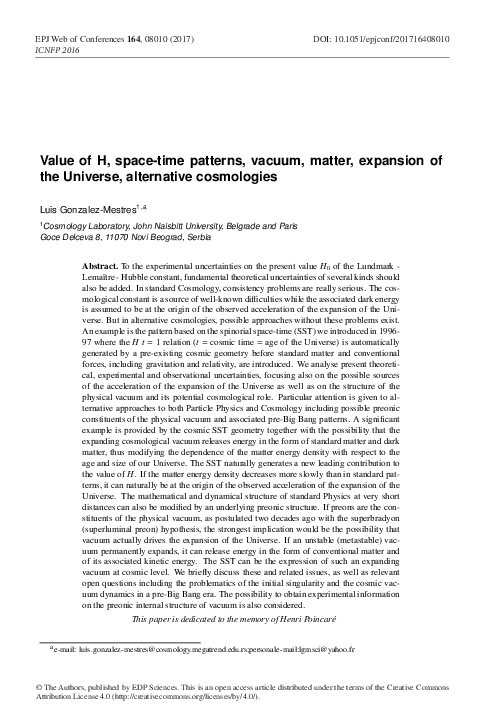 (PDF) Value of H, space-time patterns, vacuum, matter, expansion of the ...