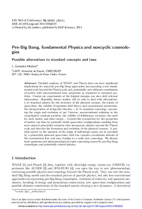 (PDF) Pre-Big Bang, fundamental Physics and noncyclic cosmologies