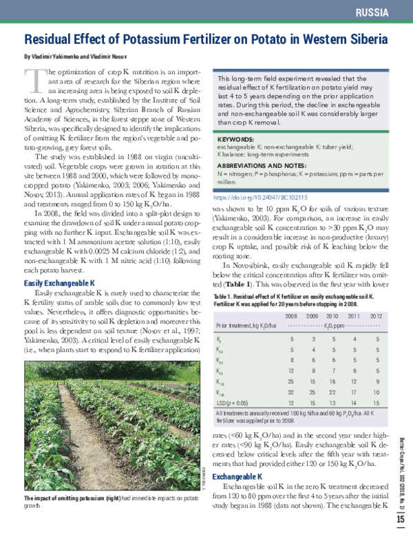 (PDF) Residual Effect of Potassium Fertilizer on Potato in Western Siberia