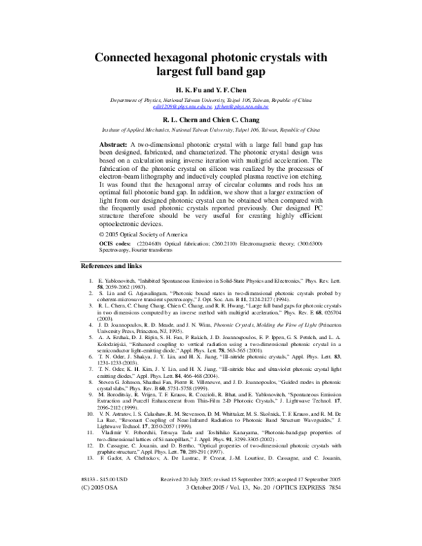 (PDF) Connected hexagonal photonic crystals with largest full band gap