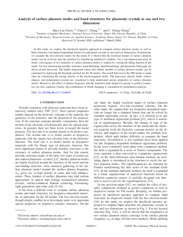 (PDF) Analysis of surface plasmon modes and band structures for plasmonic crystals in one and ...