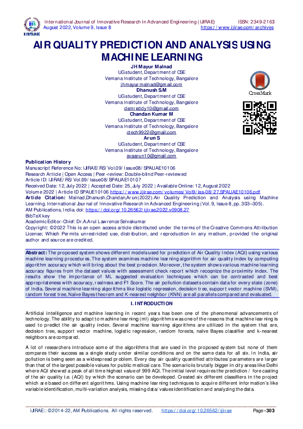 (PDF) AIR QUALITY PREDICTION AND ANALYSIS USING MACHINE LEARNING
