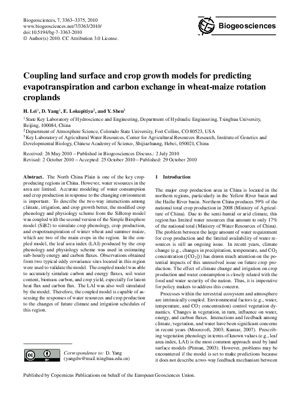 (PDF) Coupling land surface and crop growth models for predicting evapotranspiration and carbon ...