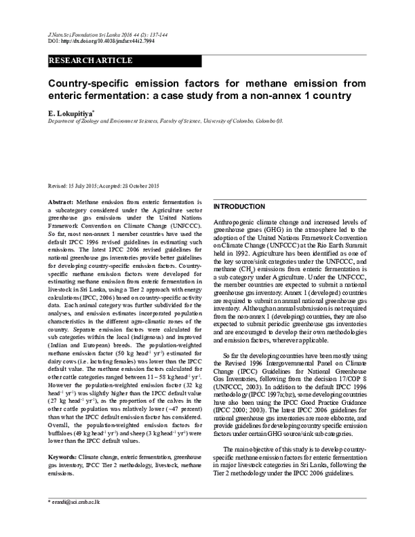 Pdf Country Specific Emission Factors For Methane Emission From Enteric Fermentation A Case