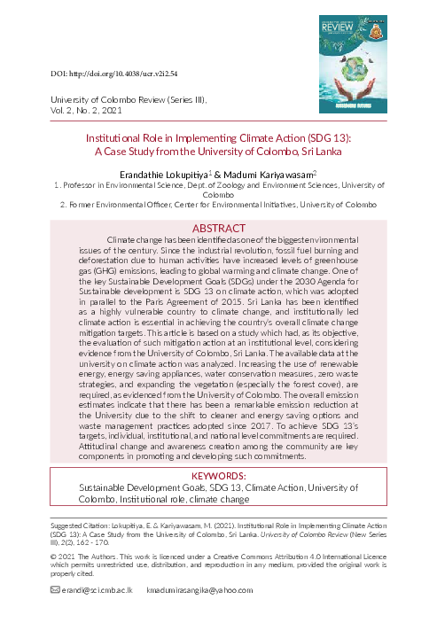 (PDF) Institutional Role in Implementing Climate Action (SDG 13): A Case Study from the ...