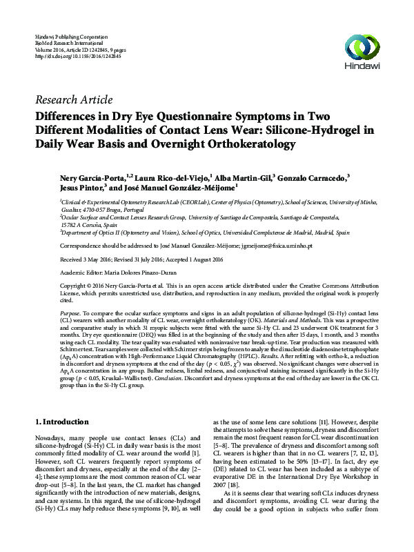 Differences in Dry Eye Questionnaire Symptoms in Two Different ...