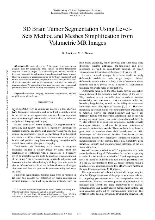Pdf 3d Brain Tumor Segmentation Using Level Sets Method And Meshes 4145