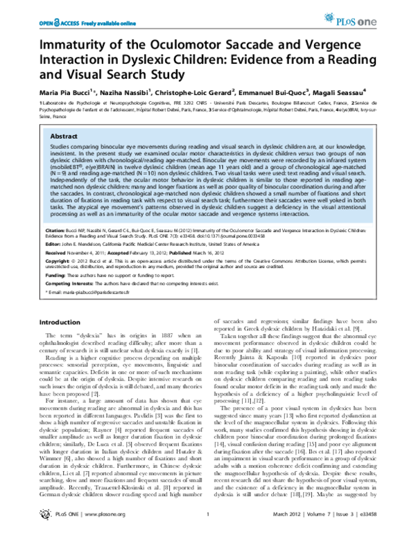 (PDF) Immaturity of the Oculomotor Saccade and Vergence Interaction in ...