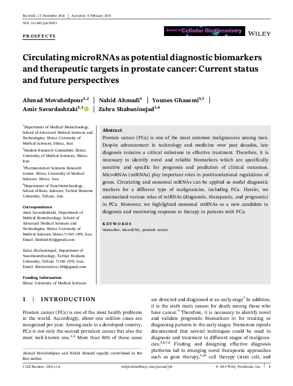 (PDF) Circulating microRNAs as Potential Diagnostic Biomarkers and Therapeutic Targets in ...