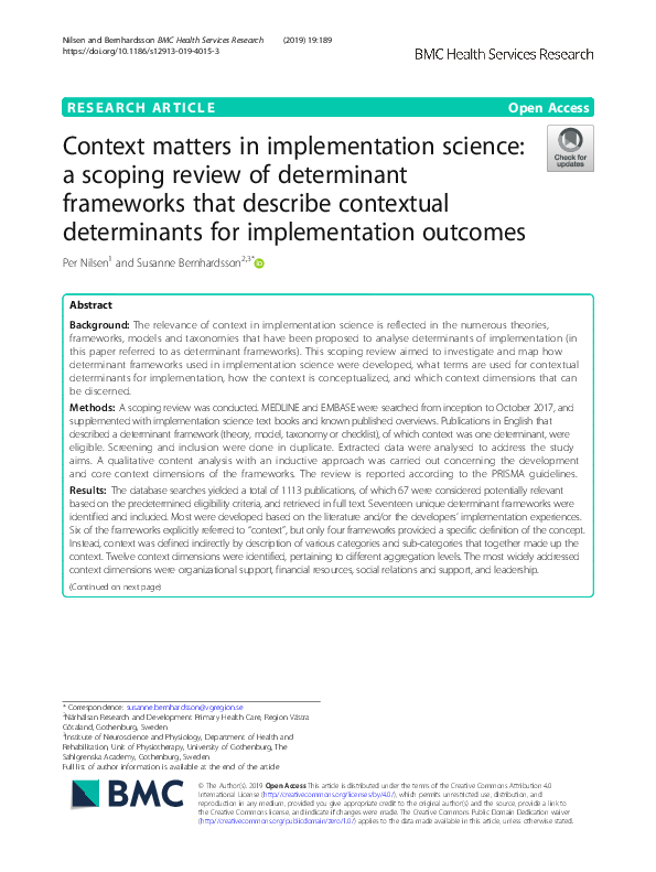 (PDF) Context matters in implementation science: a scoping review of determinant frameworks that ...