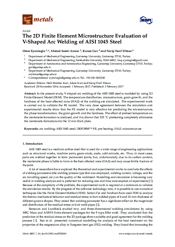 Pdf The 2d Finite Element Microstructure Evaluation Of V Shaped Arc