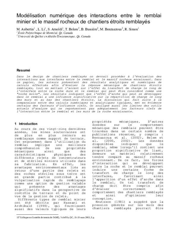 (PDF) Modélisation numérique des interactions entre le remblai minier ...