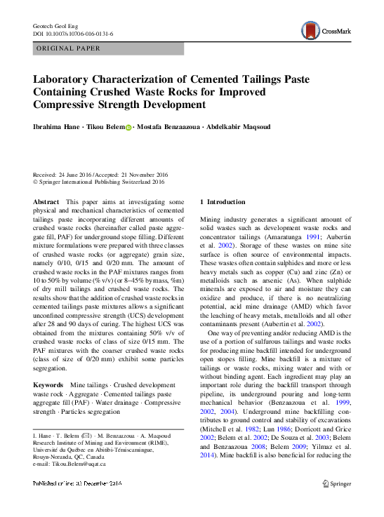 (PDF) Laboratory Characterization of Cemented Tailings Paste Containing ...