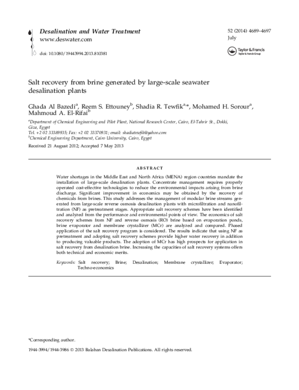 (PDF) Salt recovery from brine generated by large-scale seawater ...