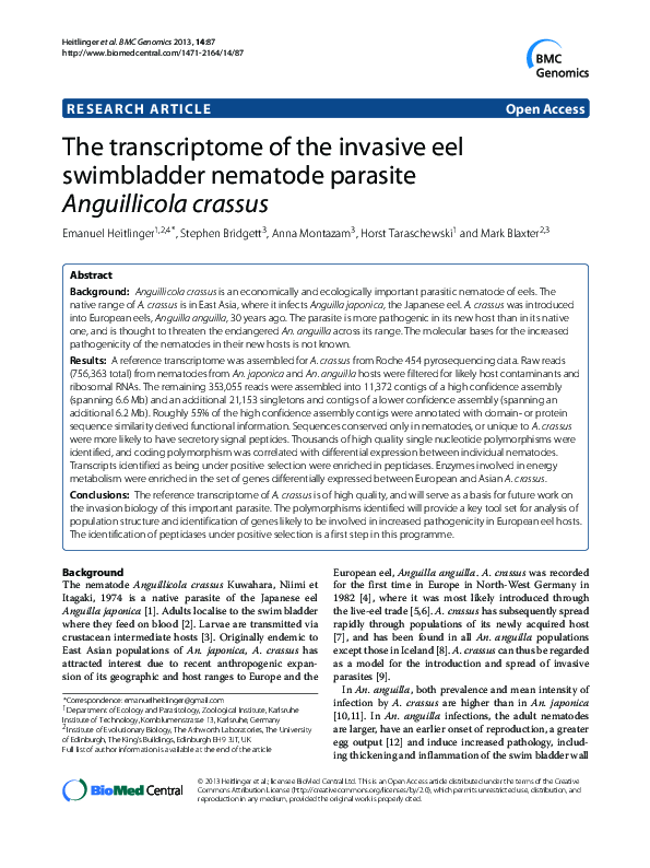 (PDF) The transcriptome of the invasive eel swimbladder nematode ...