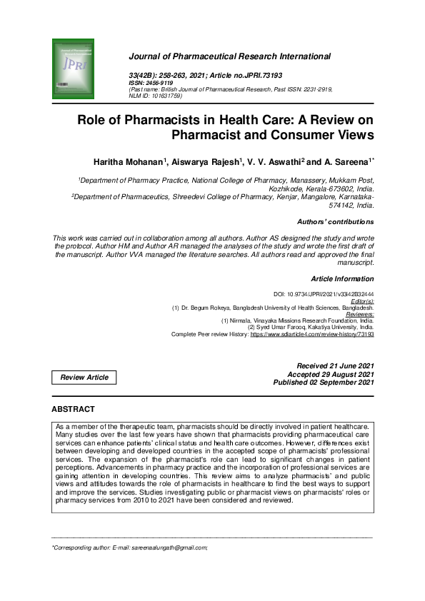 (PDF) Role of Pharmacists in Health Care: A Review on Pharmacist and ...