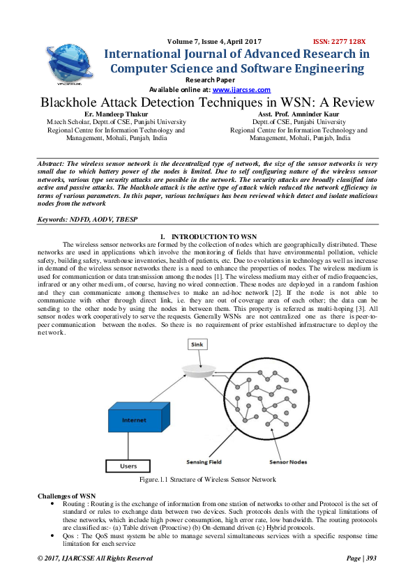 (PDF) Blackhole Attack Detection Techniques in WSN: A Review