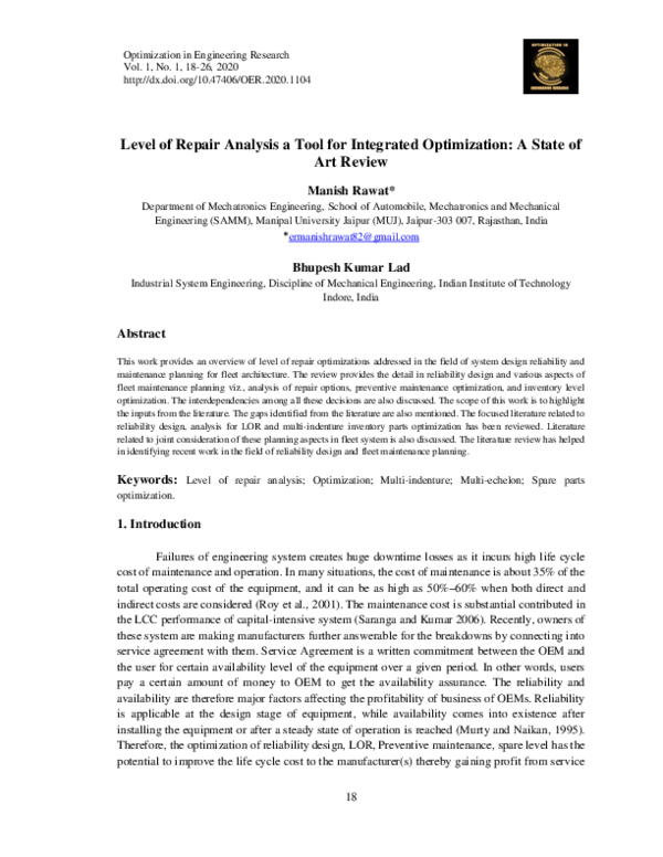 (PDF) Level of Repair Analysis a Tool for Integrated Optimization: A ...
