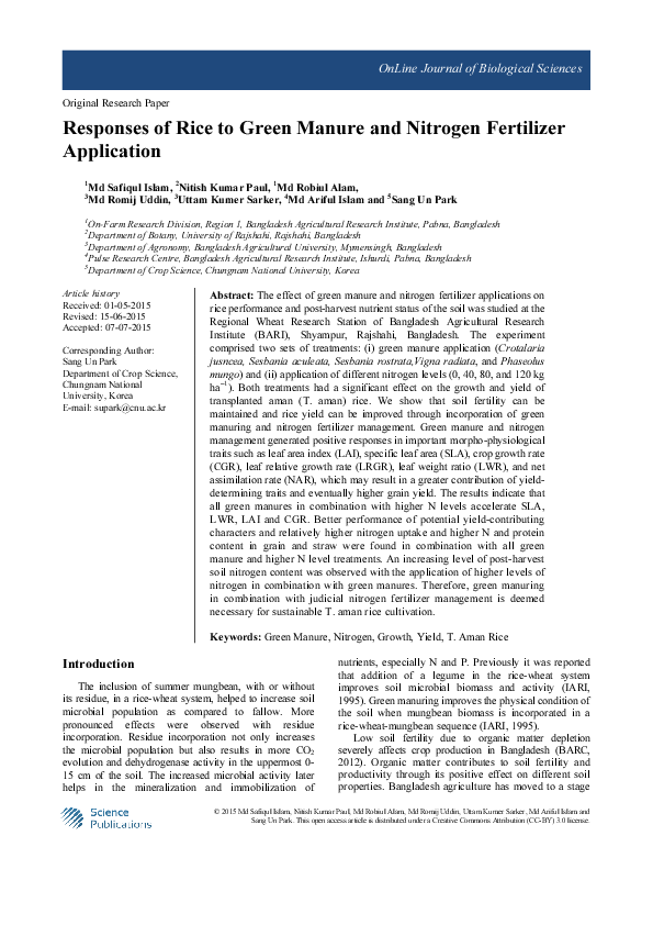 (PDF) Responses of Rice to Green Manure and Nitrogen Fertilizer Application