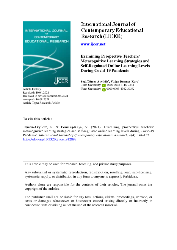 (PDF) Examining the Prospective Teachers’ Metacognitive Learning Strategies and Their Self ...