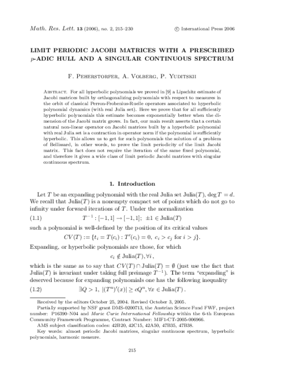 Pdf Limit Periodic Jacobi Matrices With A Prescribed P Adic Hull And A Singular Continuous