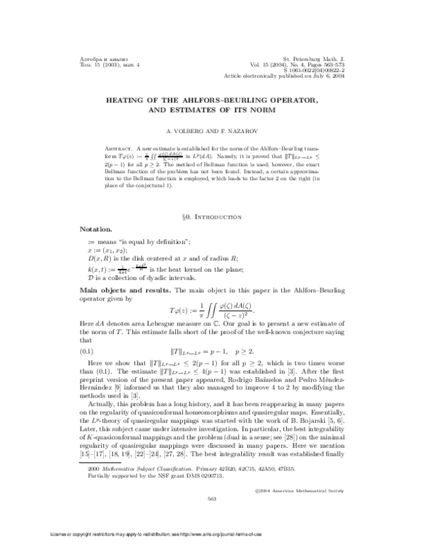 (PDF) Heating of the Ahlfors–Beurling operator, and estimates of its norm