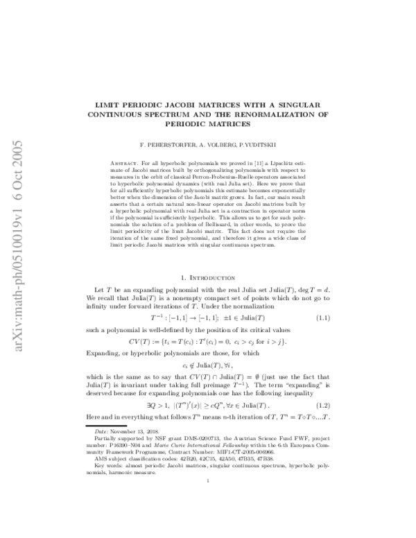 Pdf Limit Periodic Jacobi Matrices With A Singular Continuous Spectrum And The Renormalization