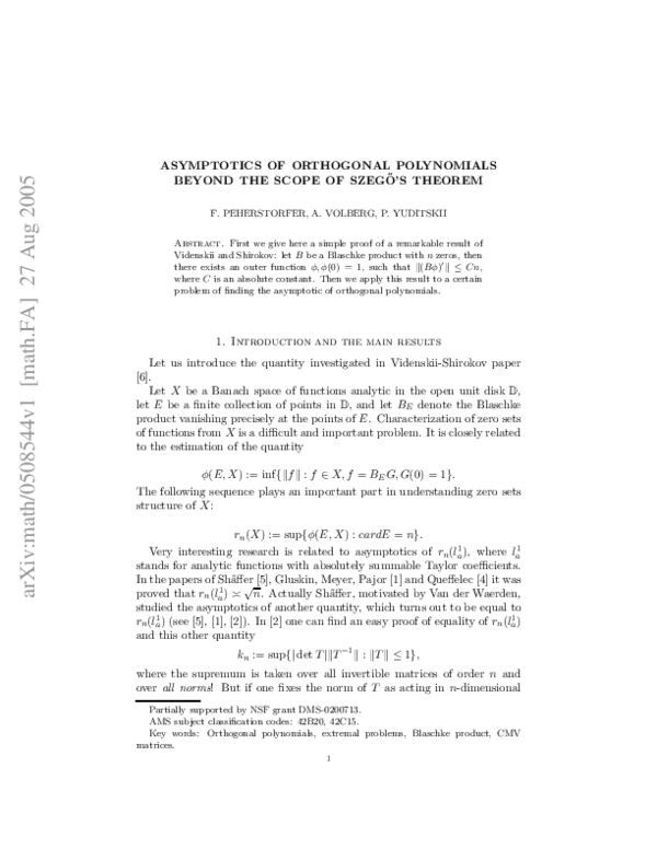 (PDF) Asymptotics of orthogonal polynomials beyond the scope of Szegő’s theorem