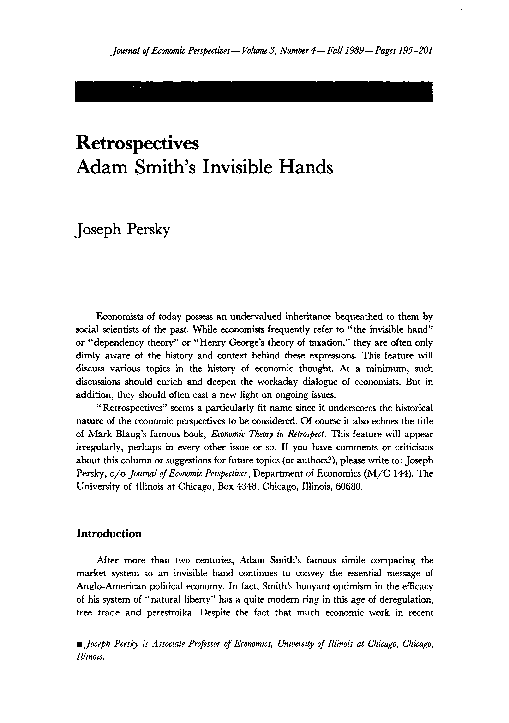 (PDF) Retrospectives: Adam Smith's Invisible Hands