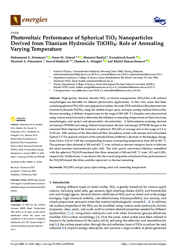 (PDF) Photovoltaic Performance of Spherical TiO2 Nanoparticles Derived from Titanium Hydroxide ...