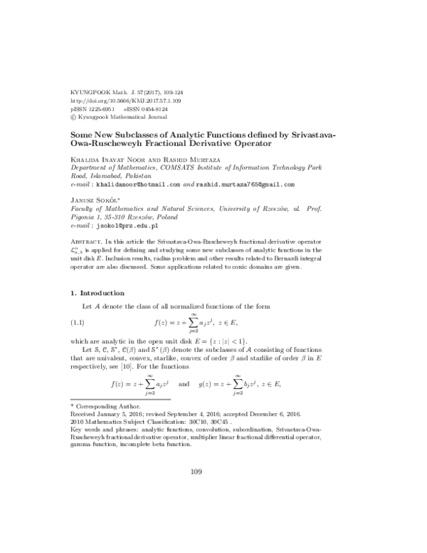 (PDF) Some New Subclasses of Analytic Functions defined by Srivastava-Owa-Ruscheweyh Fractional ...