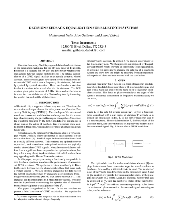 (PDF) Decision feedback equalization for Bluetooth systems