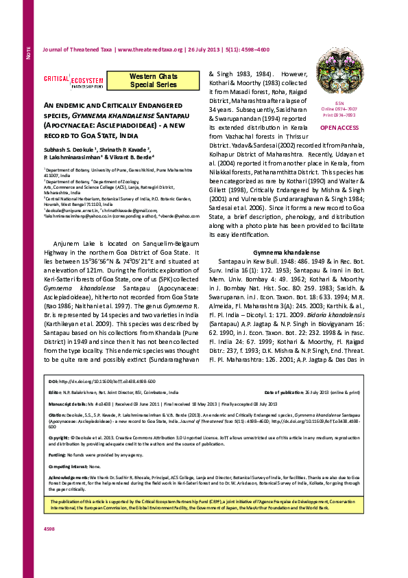 (PDF) An endemic and Critically Endangered species, Gymnema khandalense ...