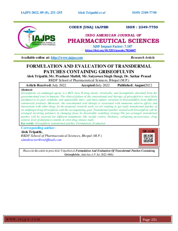 (PDF) FORMULATION AND EVALUATION OF TRANSDERMAL PATCHES CONTAINING GRISEOFULVIN