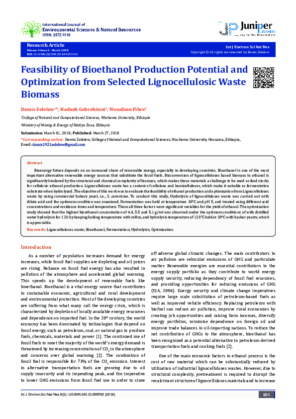 Pdf Feasibility Of Bioethanol Production Potential And Optimization From Selected