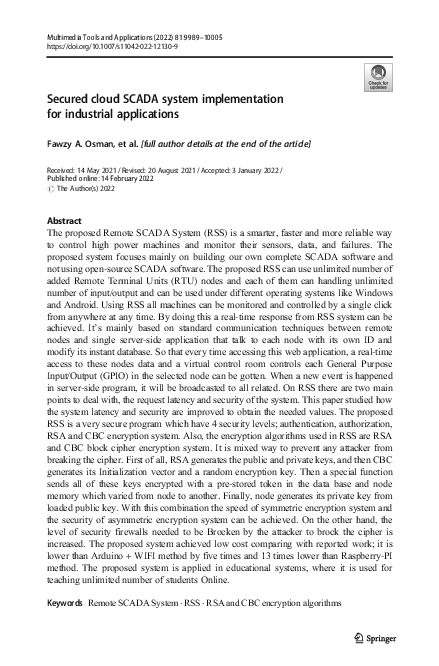 (PDF) Secured cloud SCADA system implementation for industrial applications