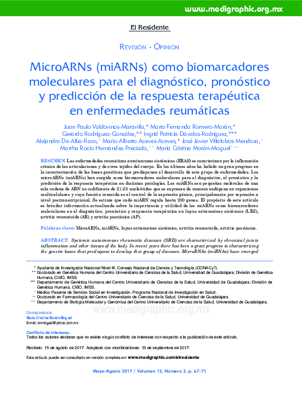 MicroARNs (miARNs) como biomarcadores moleculares para el diagnóstico, pronóstico y predicción ...
