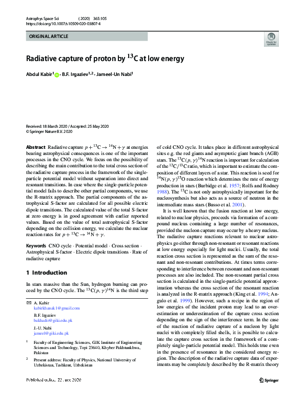 (PDF) Radiative capture of proton by $^{13}\mbox{C}$ at low energy