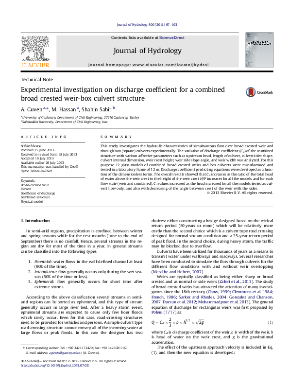 (PDF) Experimental investigation on discharge coefficient for a combined broad crested weir-box ...