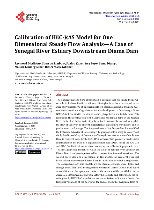 (PDF) Calibration of HEC-RAS Model for One Dimensional Steady Flow Analysis—A Case of Senegal ...