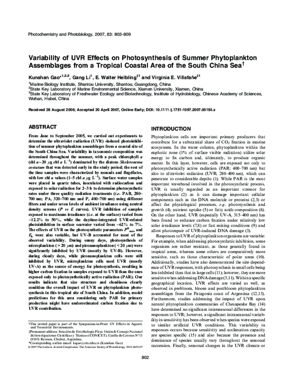 (PDF) Variability of UVR Effects on Photosynthesis of Summer ...