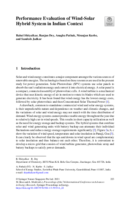 (PDF) Performance Evaluation of Wind-Solar Hybrid System in Indian Context
