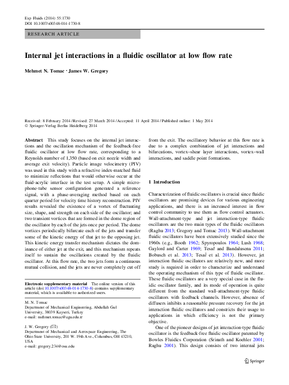 (PDF) Internal jet interactions in a fluidic oscillator at low flow rate