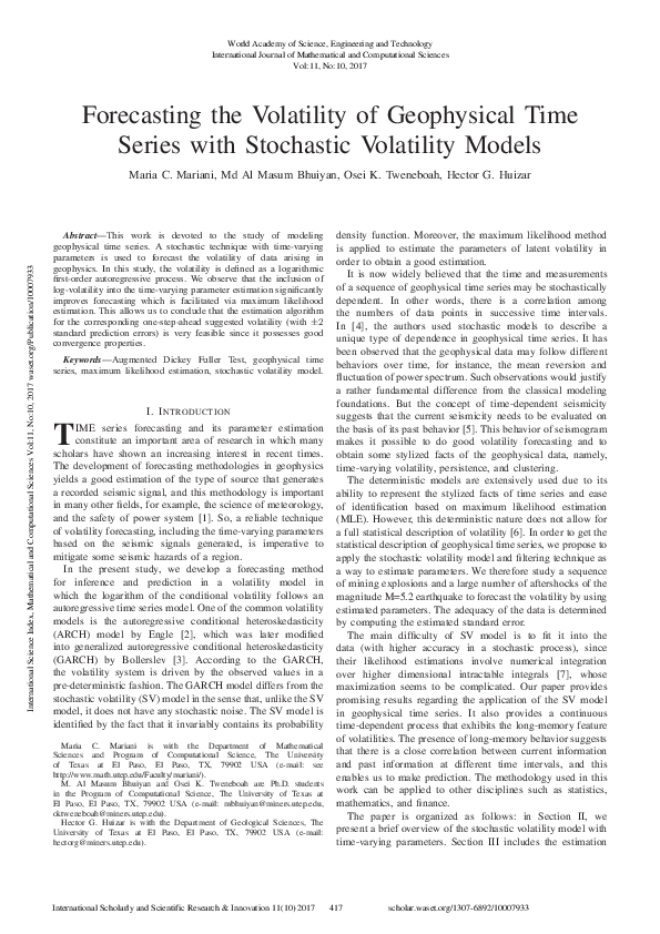 (PDF) Forecasting Geophysical Time Series Volatility