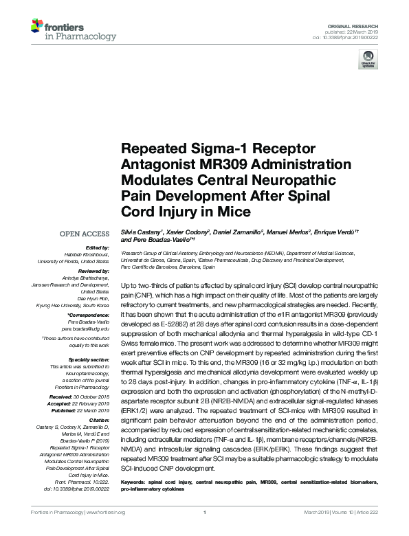 (PDF) Repeated Sigma-1 Receptor Antagonist MR309 Administration ...