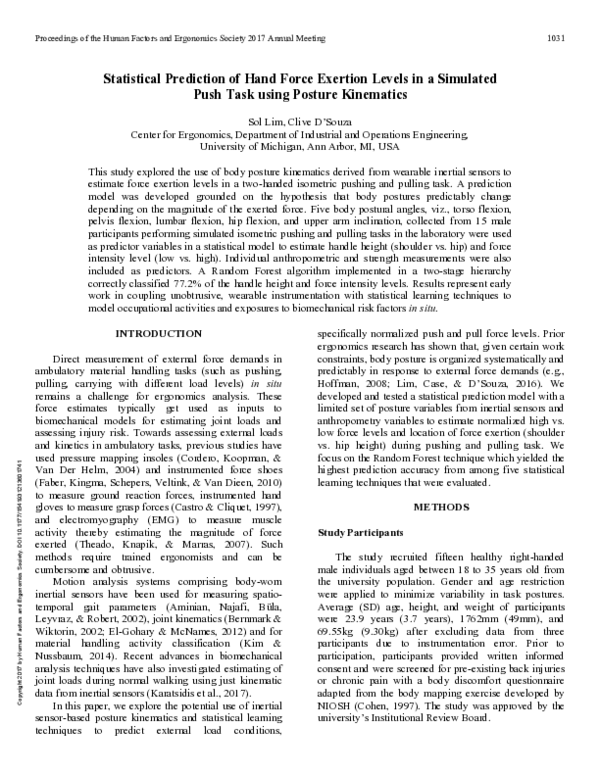(PDF) Statistical Prediction of Hand Force Exertion Levels in a Simulated Push Task using ...