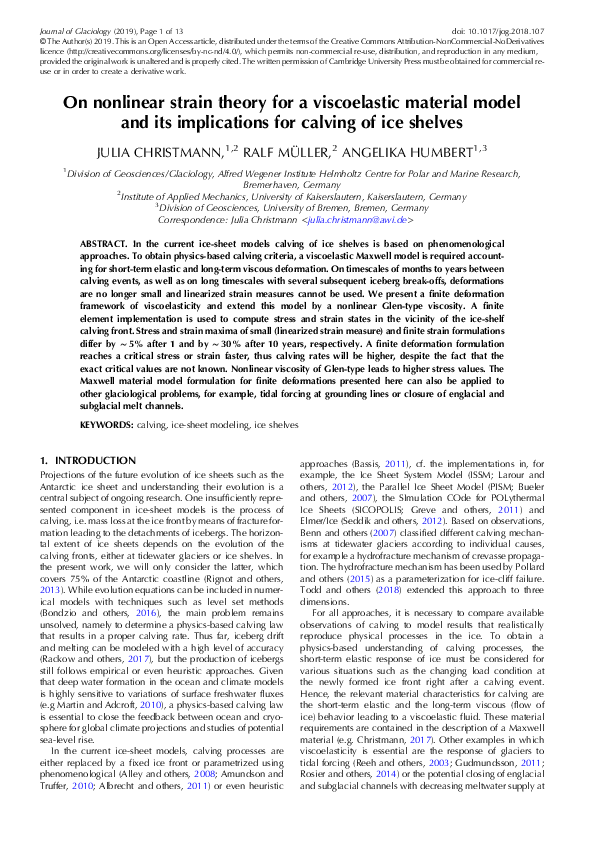 Pdf On Nonlinear Strain Theory For A Viscoelastic Material Model And